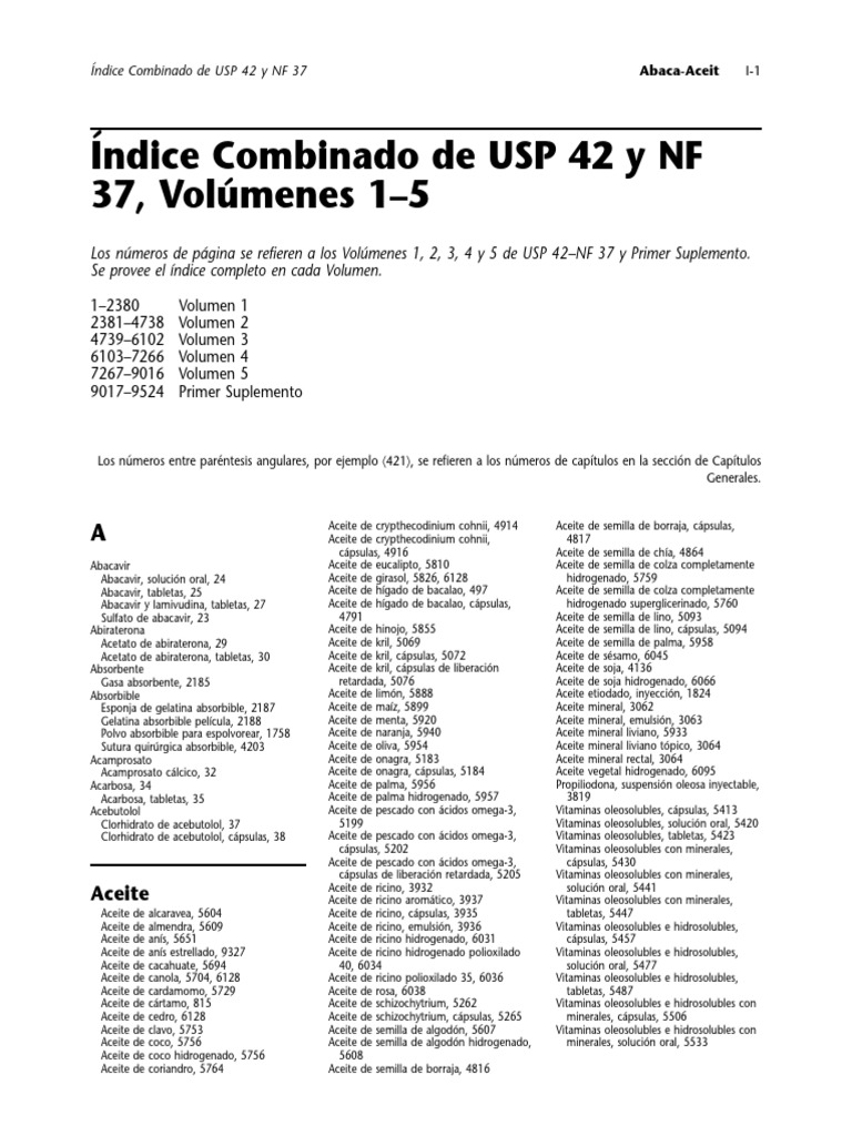Indice USP 42 y NF 37 Combinado | PDF | Aceite vegetal | Ácido clorhídrico