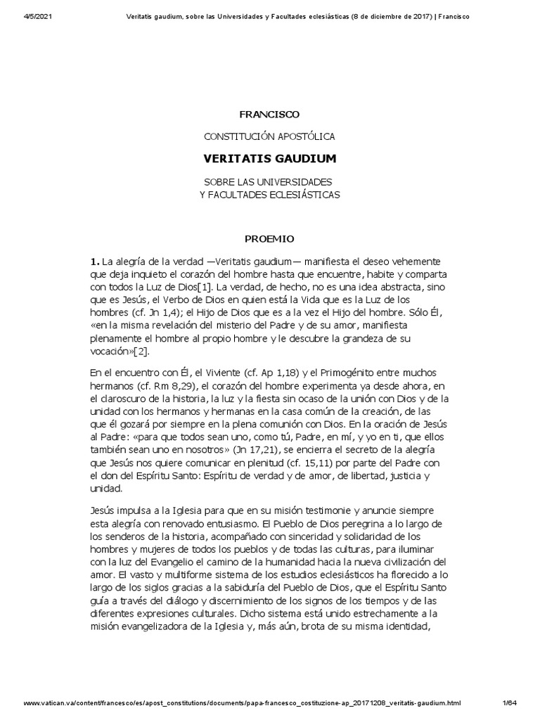 Veritatis Gaudium, Sobre Las Universidades y Facultades Eclesiásticas (8 de Diciembre de 2017 ...