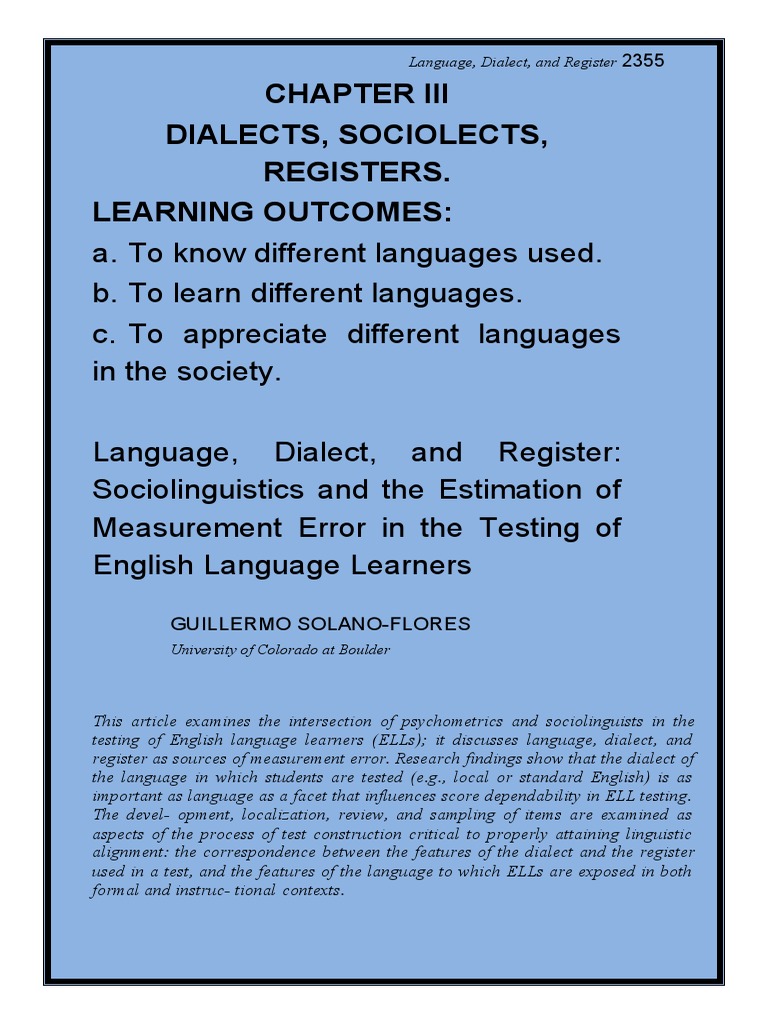 Dialects, Sociolects, Registers. Learning Outcomes:: Language, Dialect ...