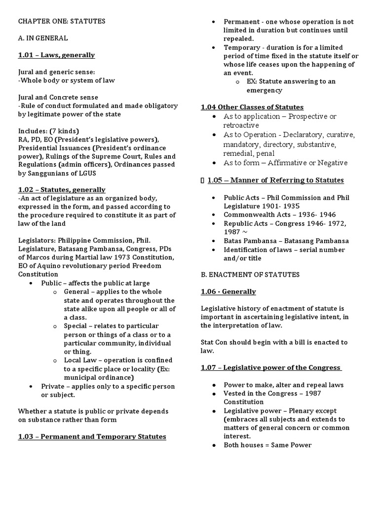 Chapter One Summary of Agpalo Statcon | PDF | Bill (Law) | Standing (Law)