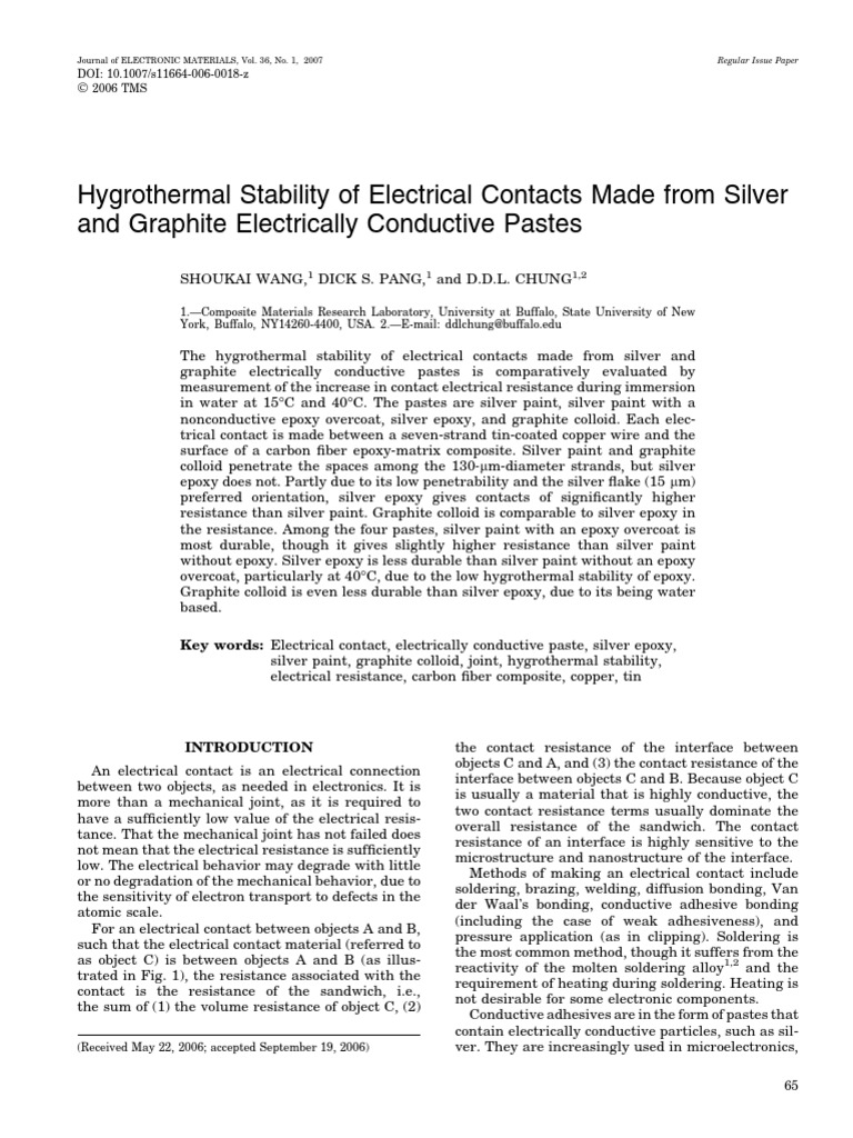 Evaluating the Hygrothermal Stability of Electrical Contacts Made from Silver and Graphite ...