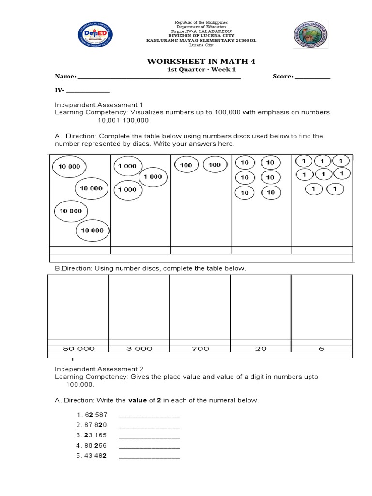 Math Worksheet for Grade 4: Week 1 | PDF