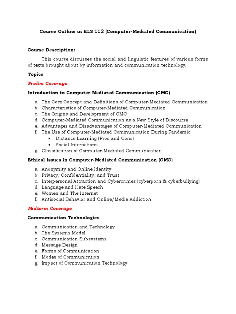 Course Outline in ELS 112 (Computer-Mediated Communication) : Prelim ...