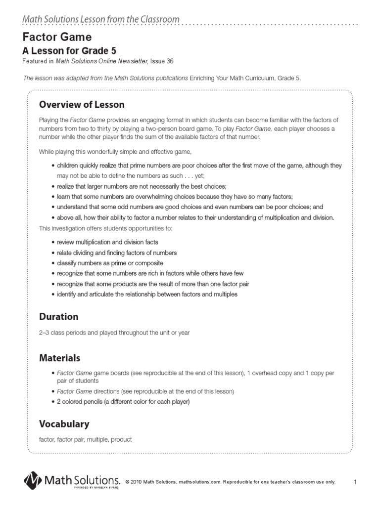 Factor Game: Overview of Lesson | Download Free PDF | Classroom ...