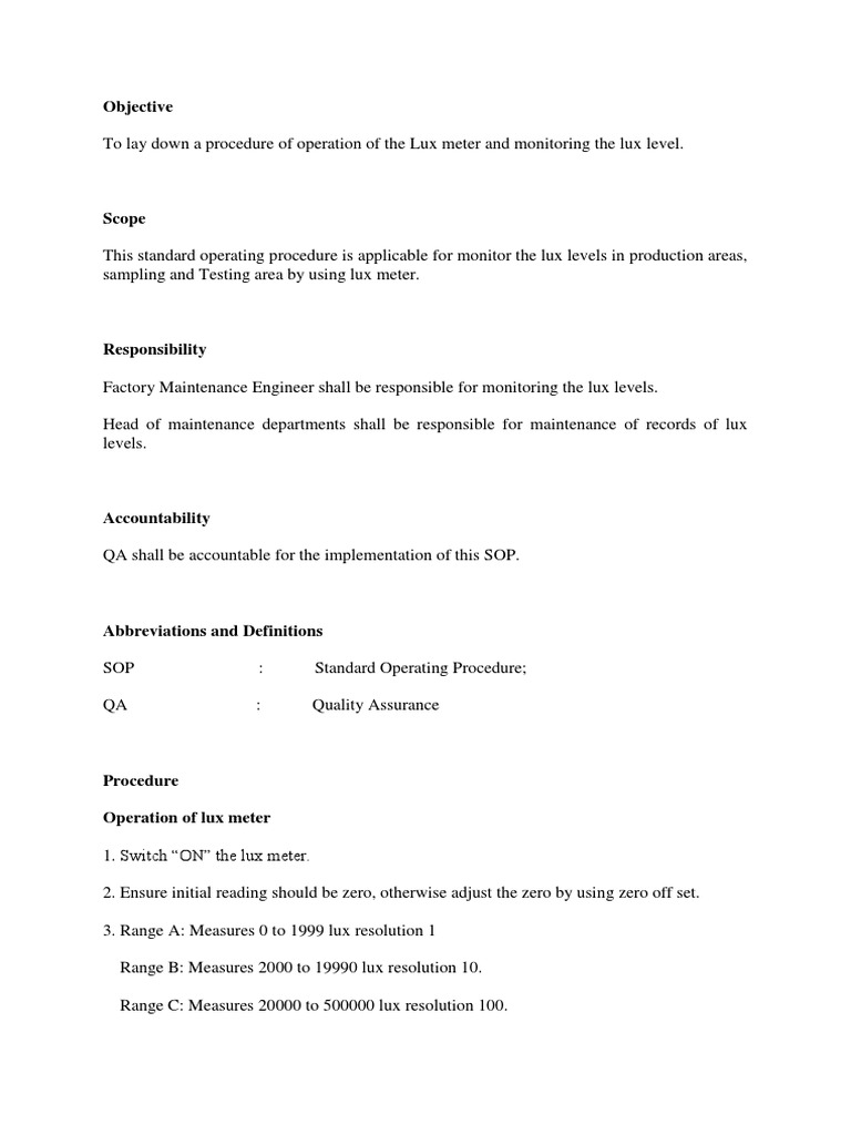 SOP For Lux Level Meter | PDF