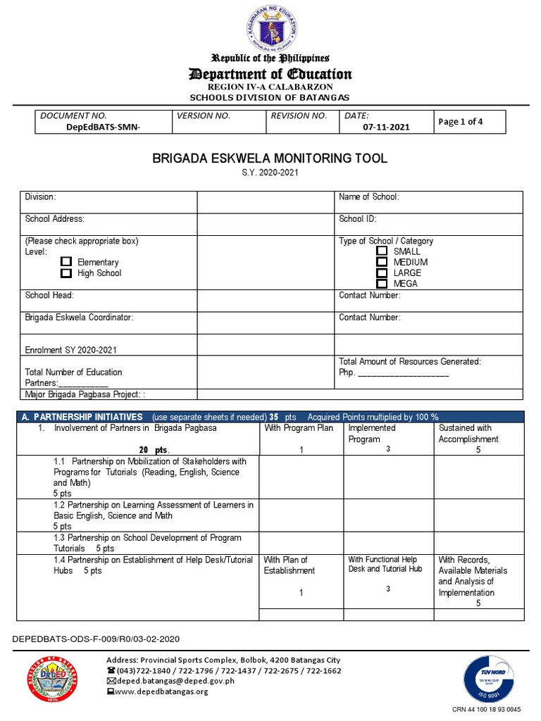 Department of Education: Brigada Eskwela Monitoring Tool | PDF ...