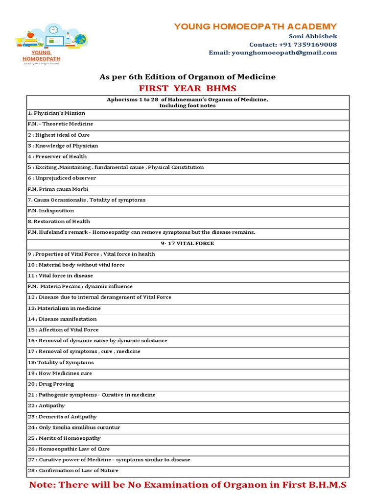 First Year BHMS: As Per 6th Edition of Organon of Medicine | PDF ...