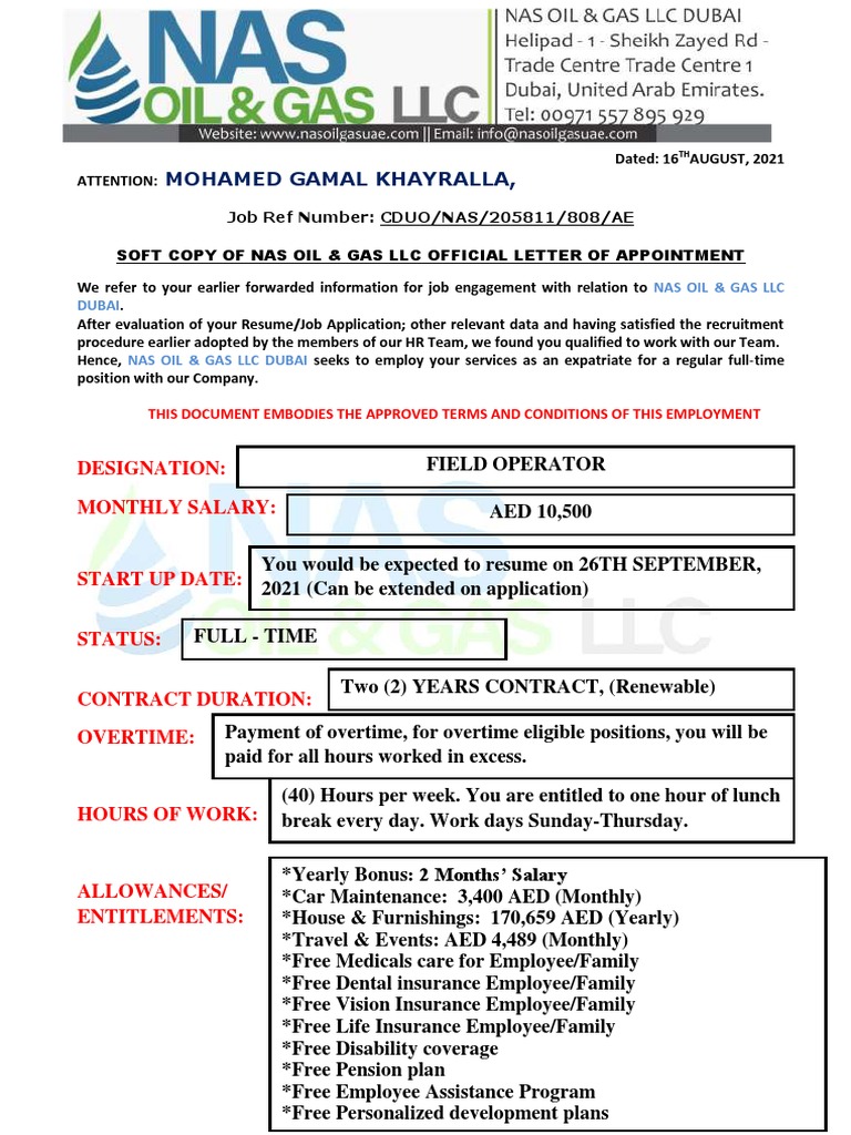 Nas Oil Gas LLC Dubai Job Offer Agreement | Download Free PDF ...