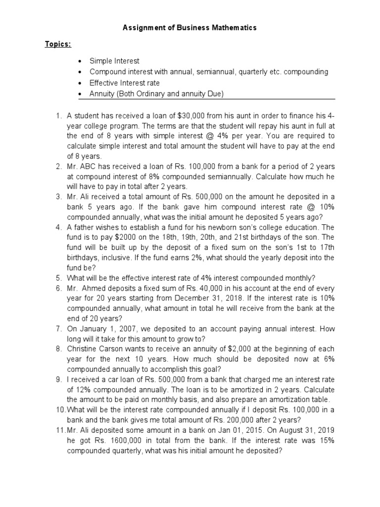 Business Mathematics Assignment Topics | PDF | Interest | Interest Rates