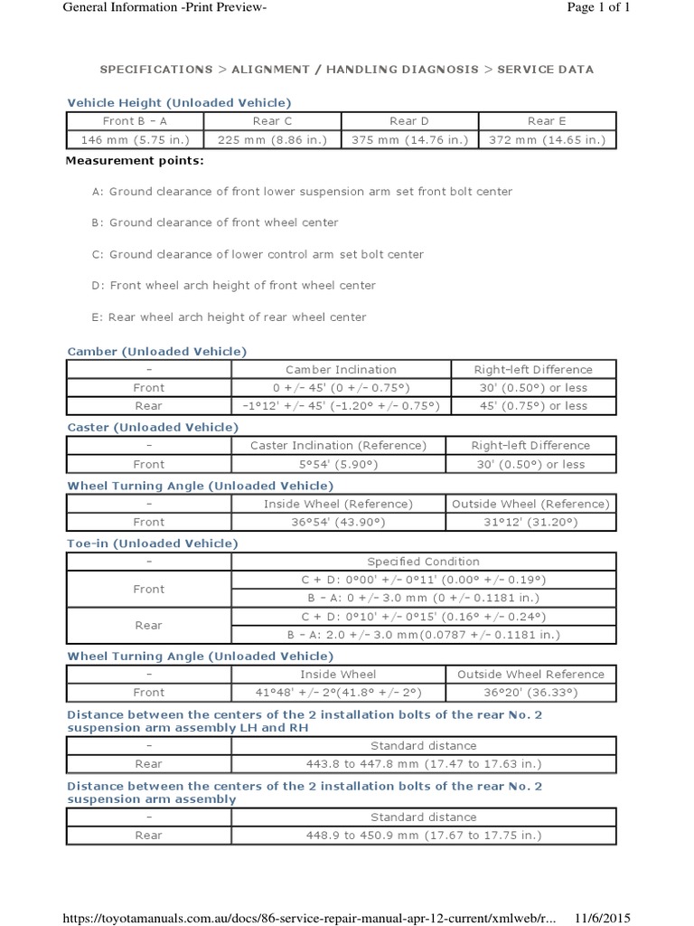 Specifications Alignment / Handling Diagnosis Service Data | PDF ...