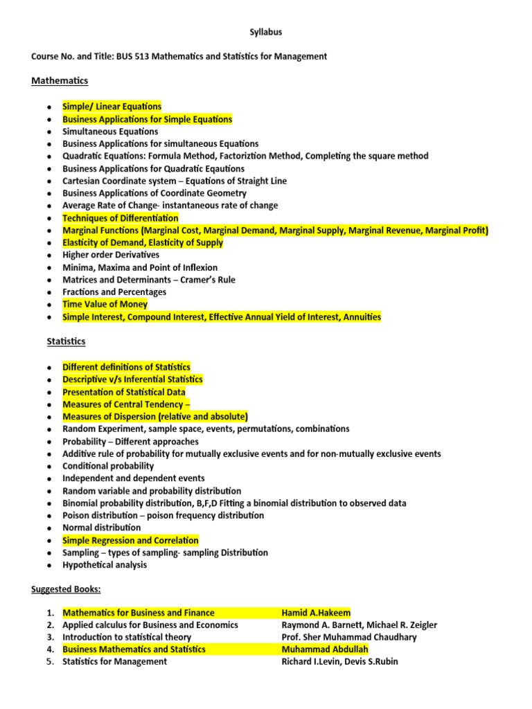 Business Mathematics and Statistics Syllabus | PDF | Statistics ...