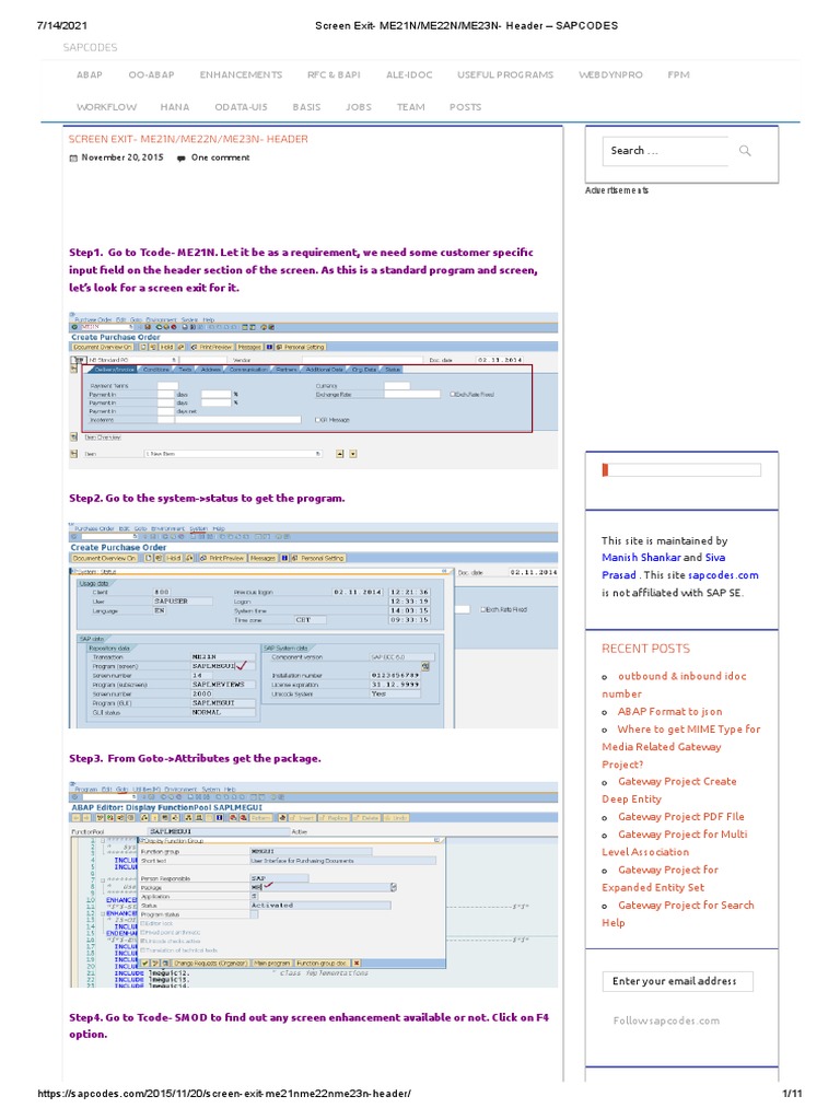 Screen Exit - ME21N - ME22N - ME23N - Header - SAPCODES | PDF ...