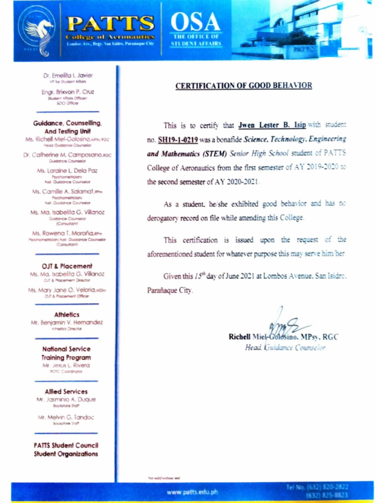 Patts Osa: Certification of Good Behavior | PDF