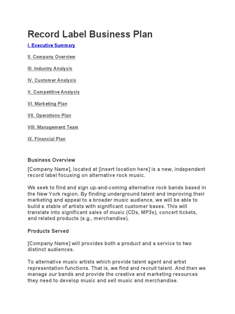 Record Label Business Plan: I. Executive Summary | PDF | Search Engine ...