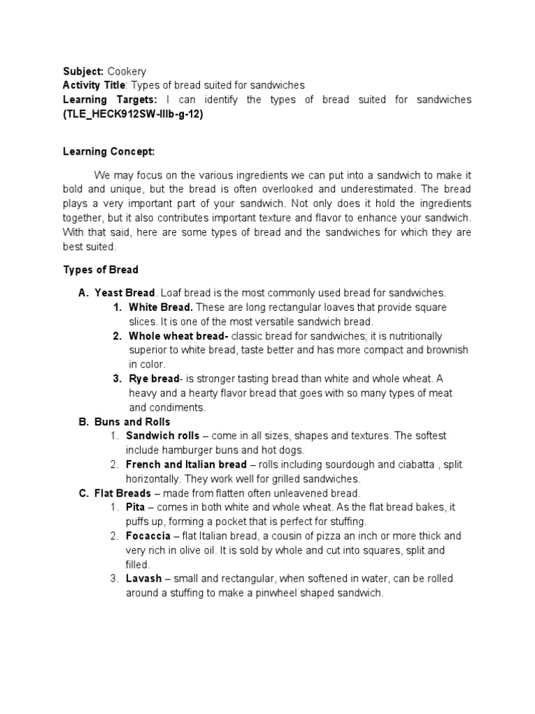 Types of Bread for Sandwiches | PDF | Breads | Sandwich