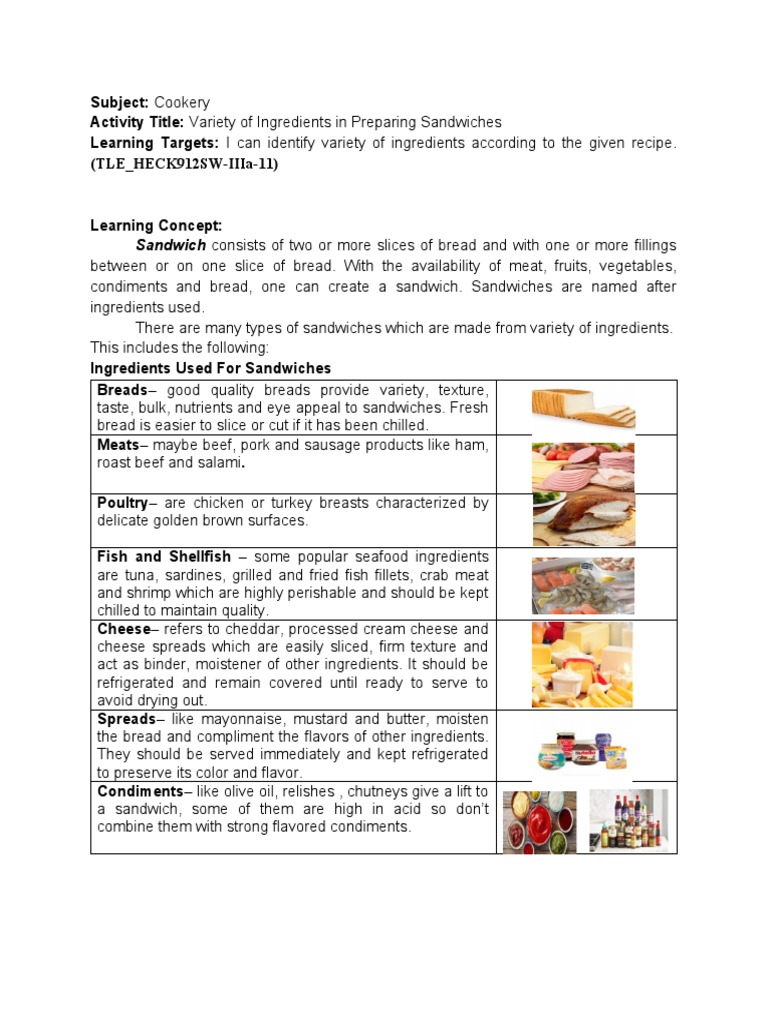 Variety of Ingredients in Preparing Sandwiches | PDF | Sandwich | Sausage