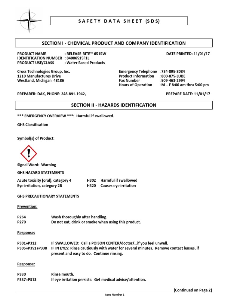 Safety Data Sheet (SDS) : Issue Number 1 | PDF | Toxicity | Waste