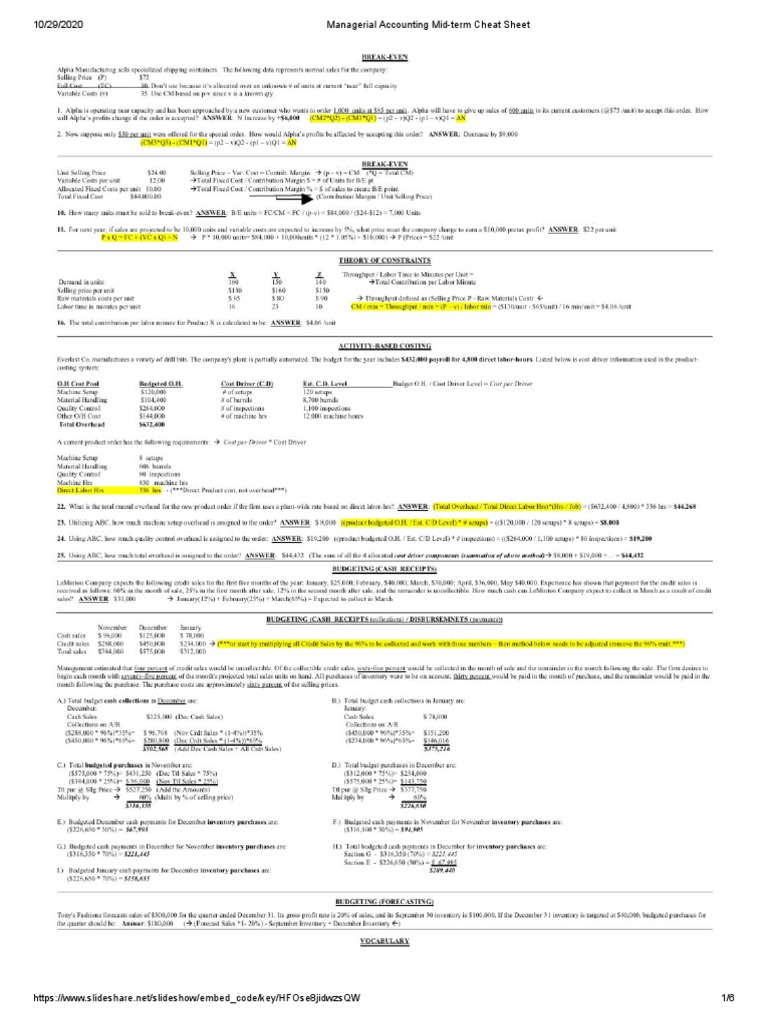 Managerial Accounting Mid-Term Cheat Sheet | PDF