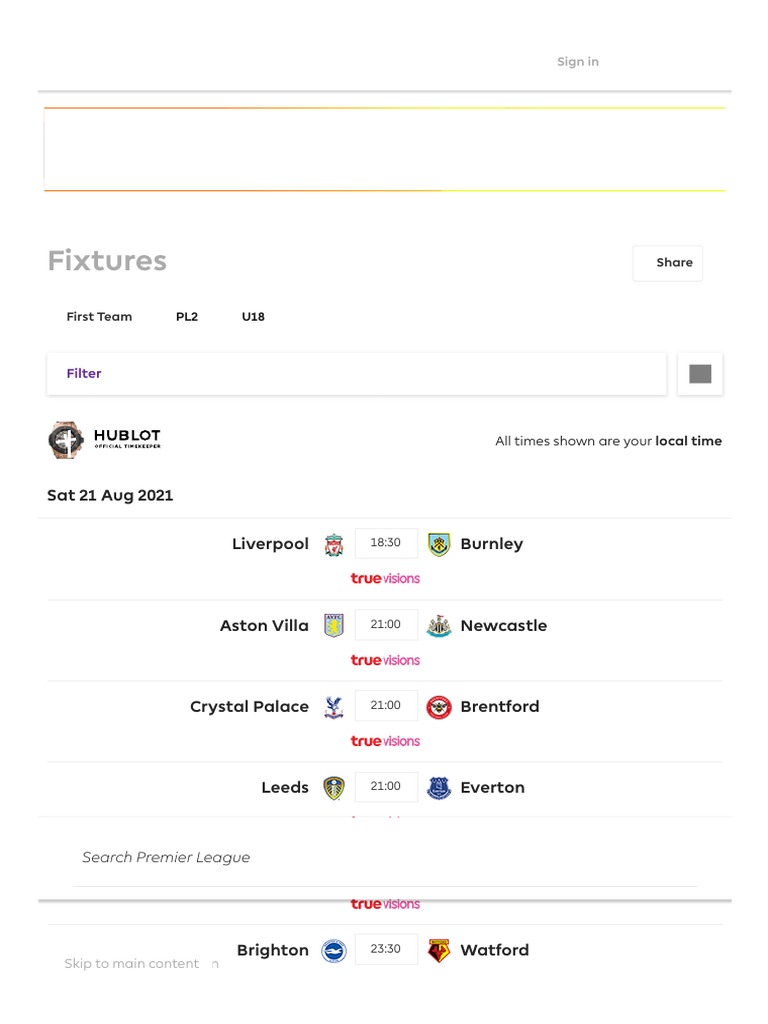 Premier League Fixtures & Live Matches On TV Season 2021 - 22 | PDF ...