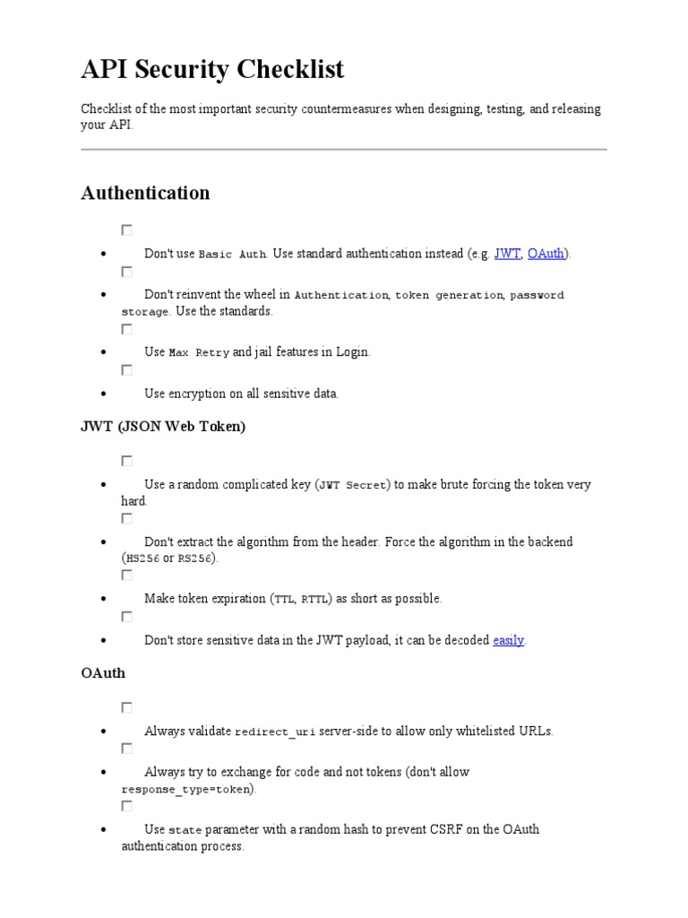 API Security Checklist | PDF | Transport Layer Security | Security Technology