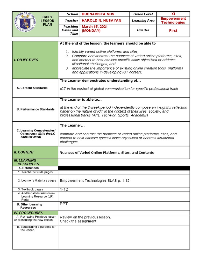 At The End of The Lesson, The Learners Should Be Able To | PDF ...
