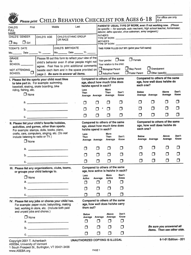 Standard Child Behavior Checklist | PDF