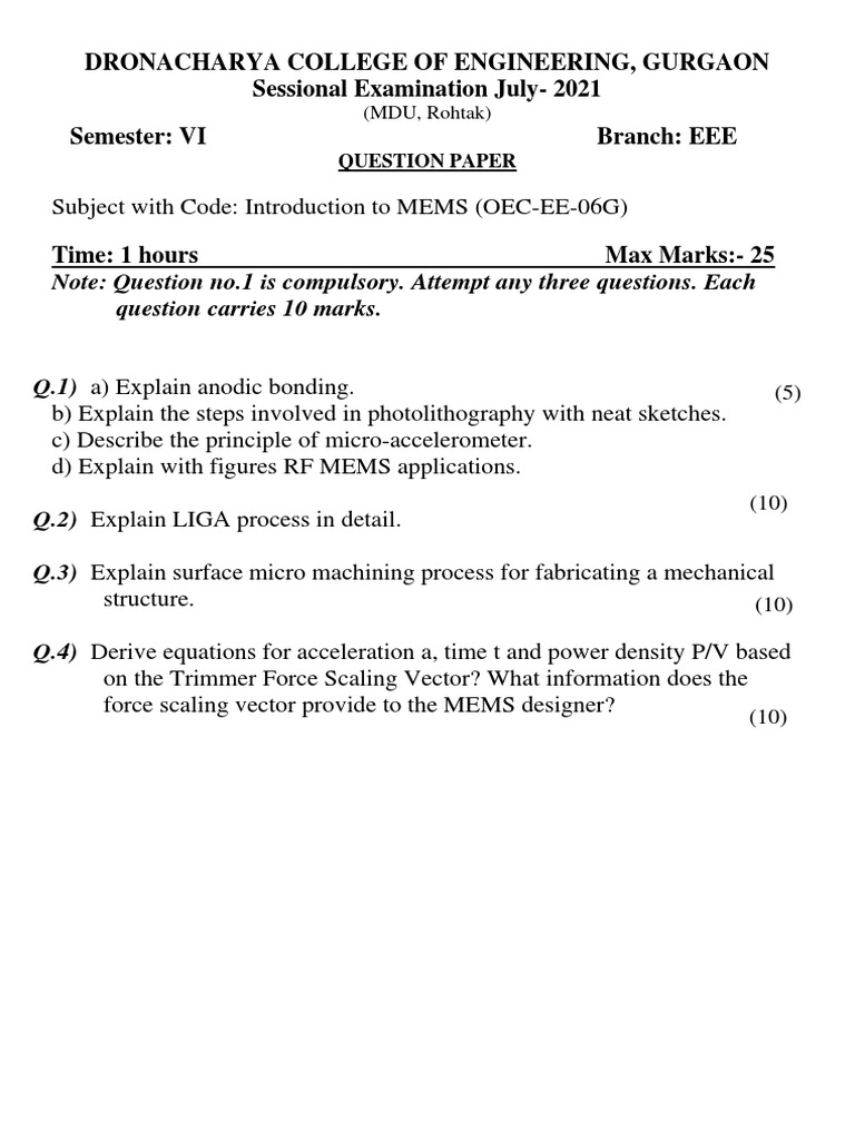 MEMS - Question Paper Format Sessional July-2021 | PDF