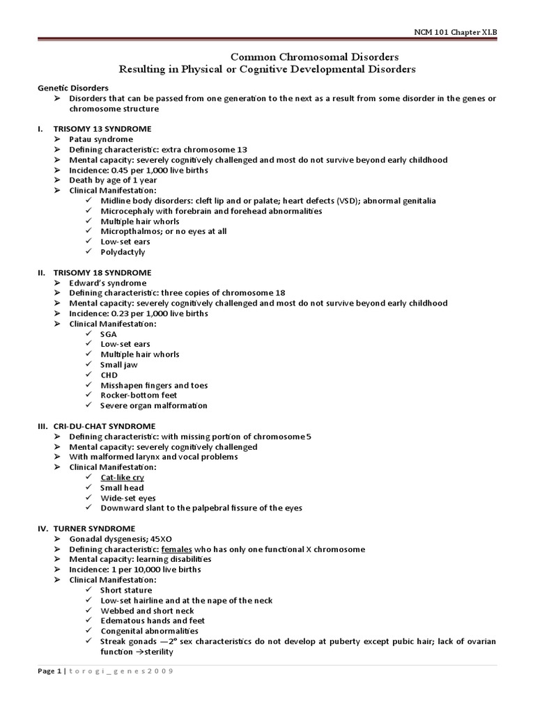 XI.C. Common Chromosomal Disorders Resulting in Physical or Cognitive ...