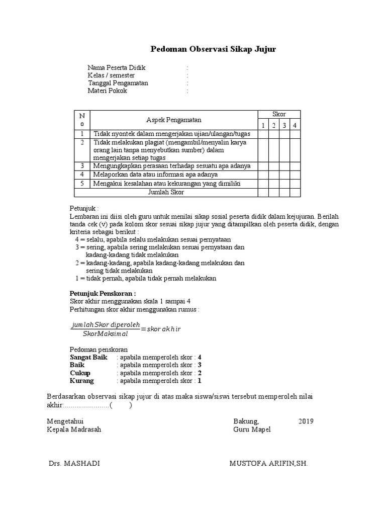 PEDOMAN PENILAIAN SIKAP JUJUR SISWA | PDF