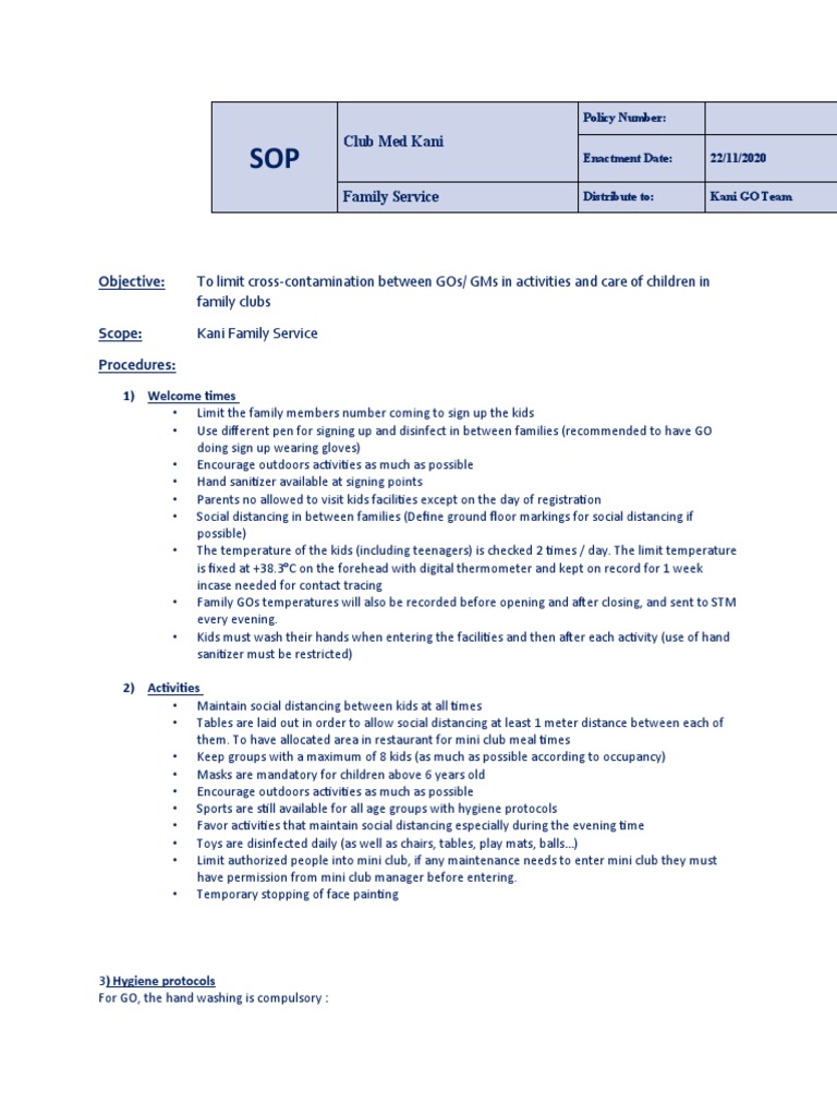 SOP Kids Club COVID 19 Measure For GO 2 | PDF | Hygiene | Hand Washing