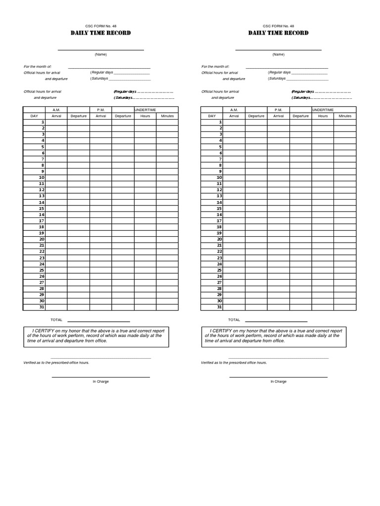 Employee Daily Time Record Form for [Month] Tracking Arrival, Departure ...