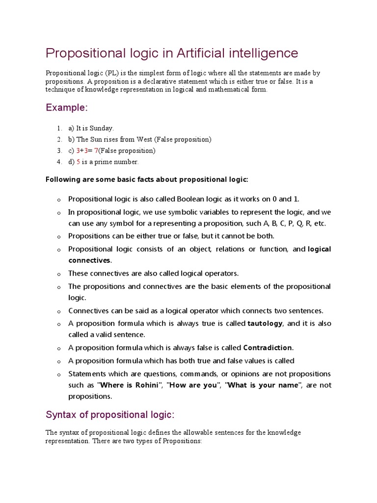 Propositional Logic in Artificial Intelligence: Example | Download Free ...