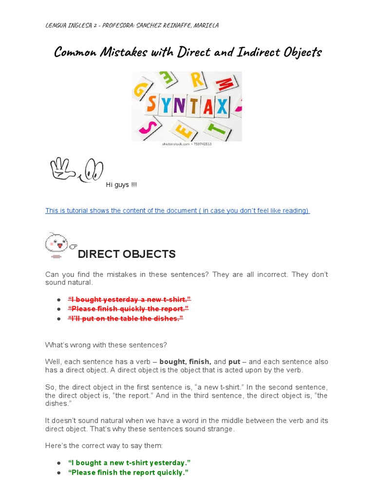 Common Mistakes With Direct and Indirect Objects | PDF | Subject ...