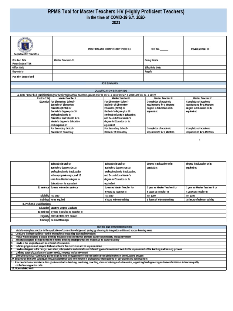 RPMS Tool For Master Teachers I-IV (Highly Proficient Teachers) | PDF ...