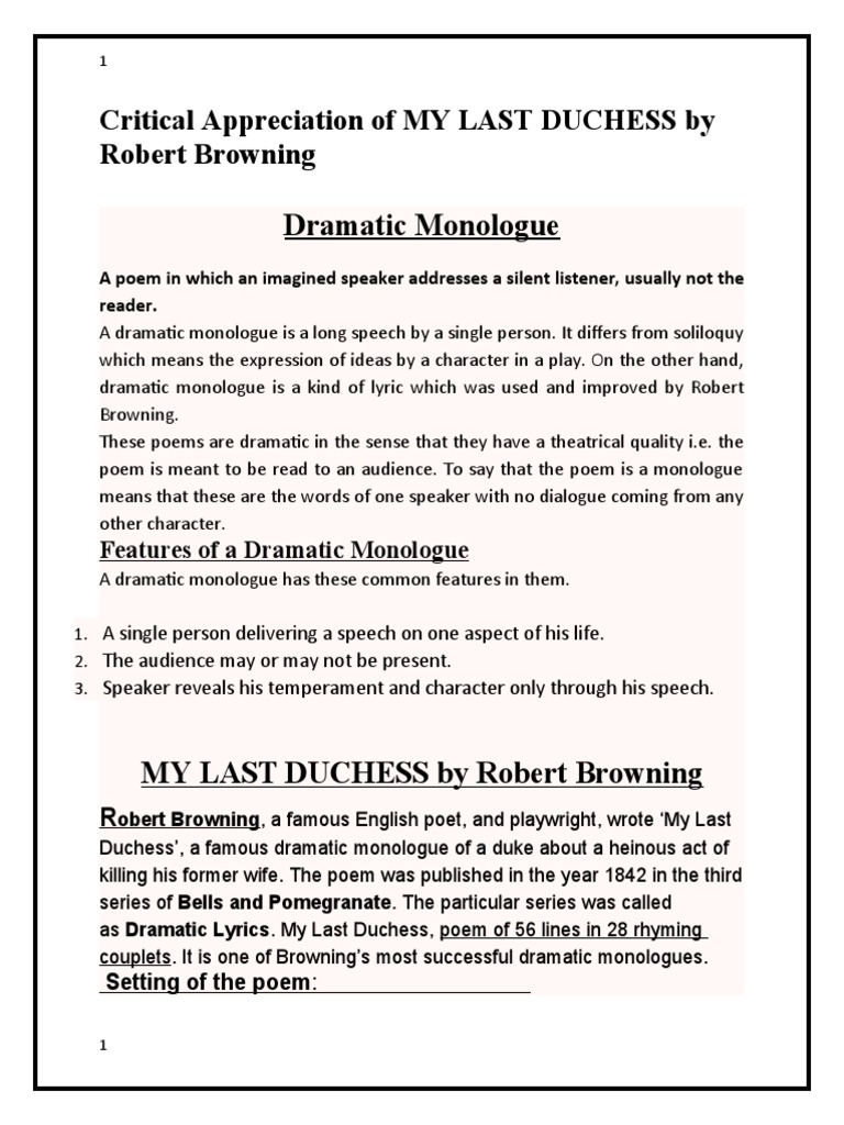 Dramatic Monologue: Critical Appreciation of MY LAST DUCHESS by Robert ...