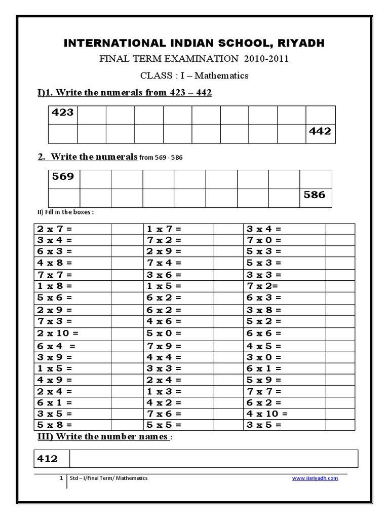 International Indian School, Riyadh: I) 1. Write The Numerals From 423 ...