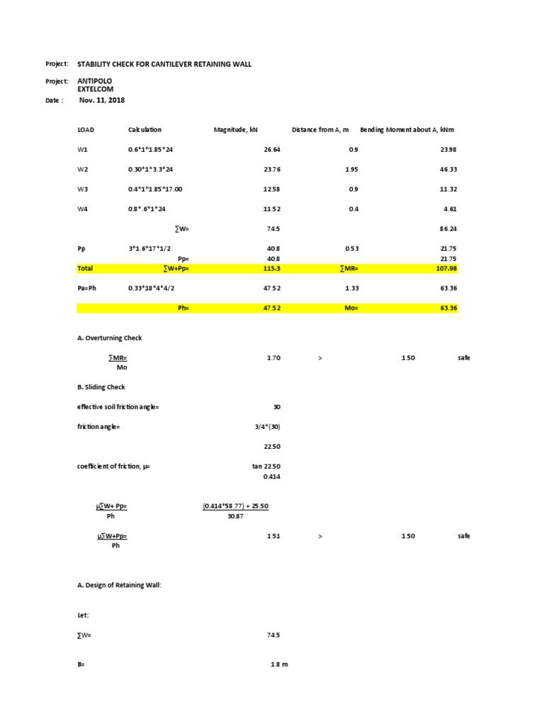 Stability Check of Retwall | PDF | Mechanics | Force