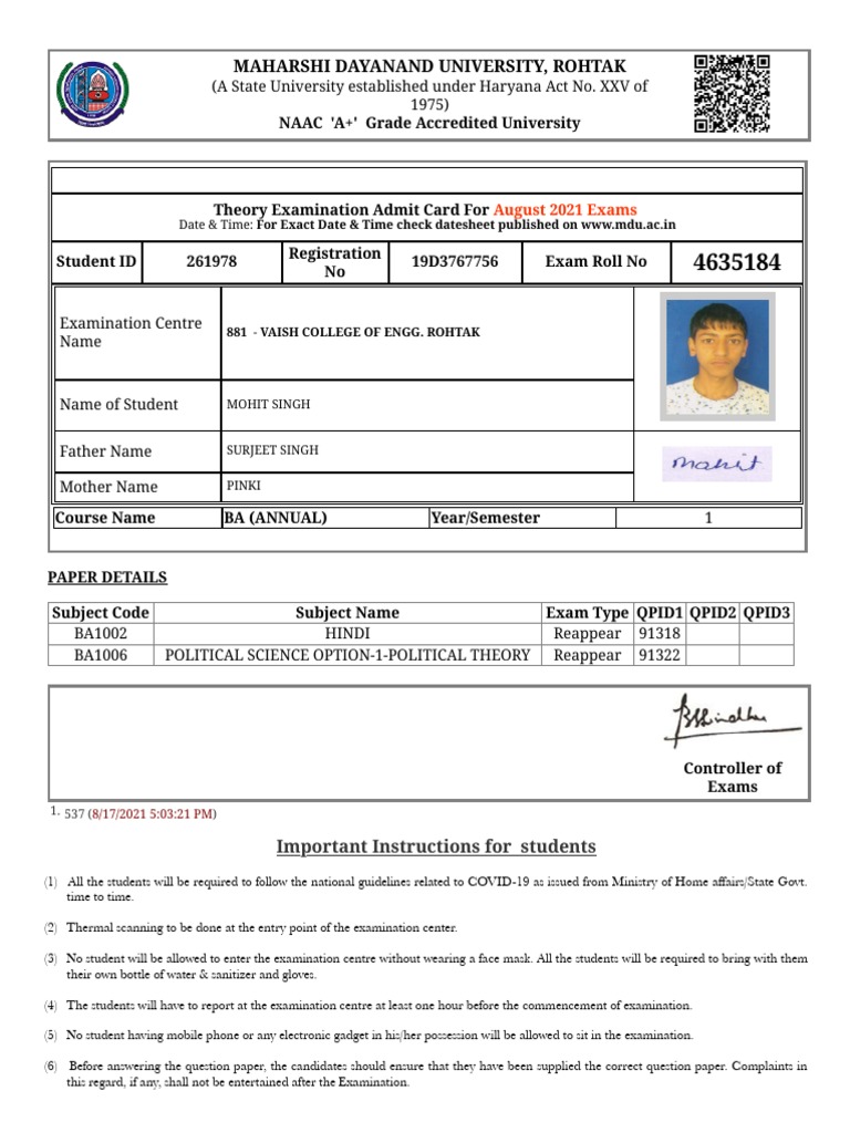 Student - Mdu.ac - in Admitcard Outer | PDF | Test (Assessment)