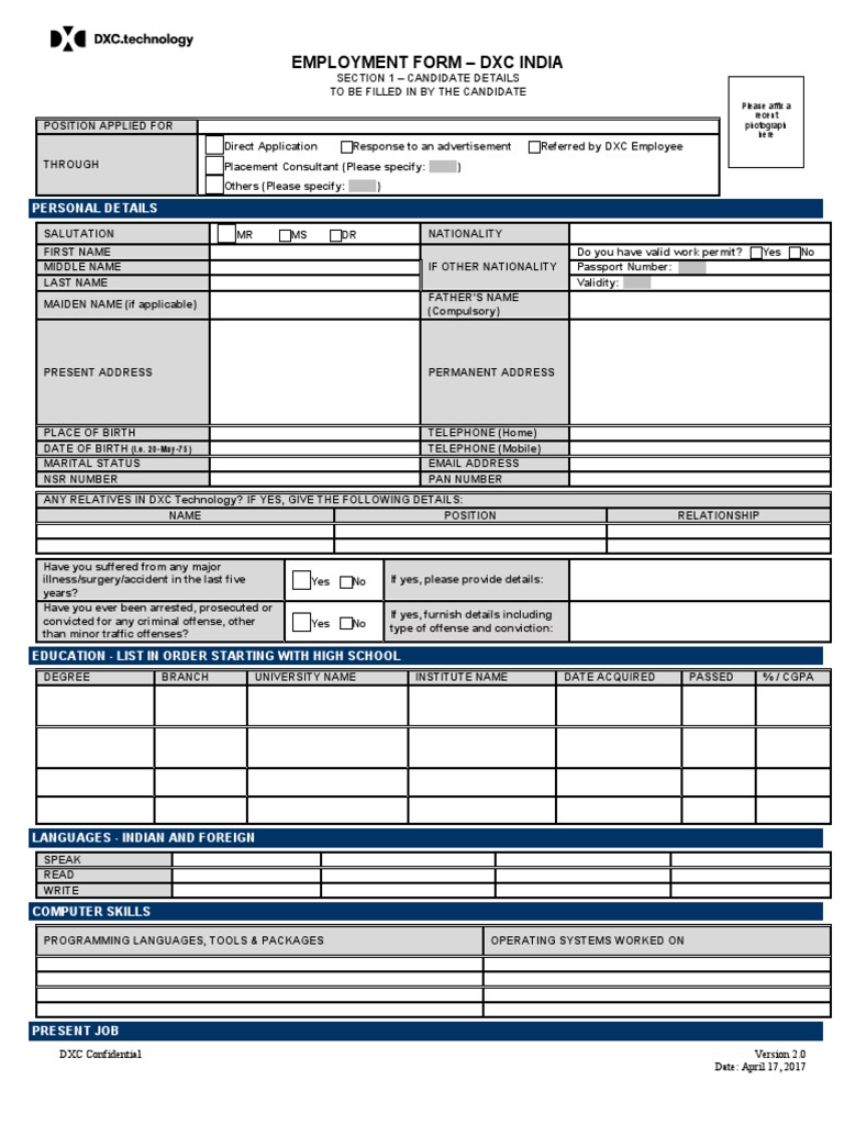 Employment Form - DXC India: Personal Details | PDF | Employment ...