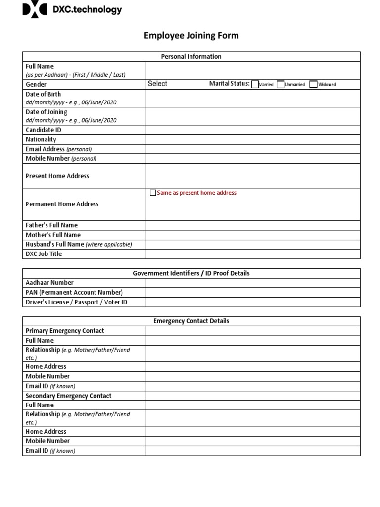 Employee Joining Form: Personal Information | PDF