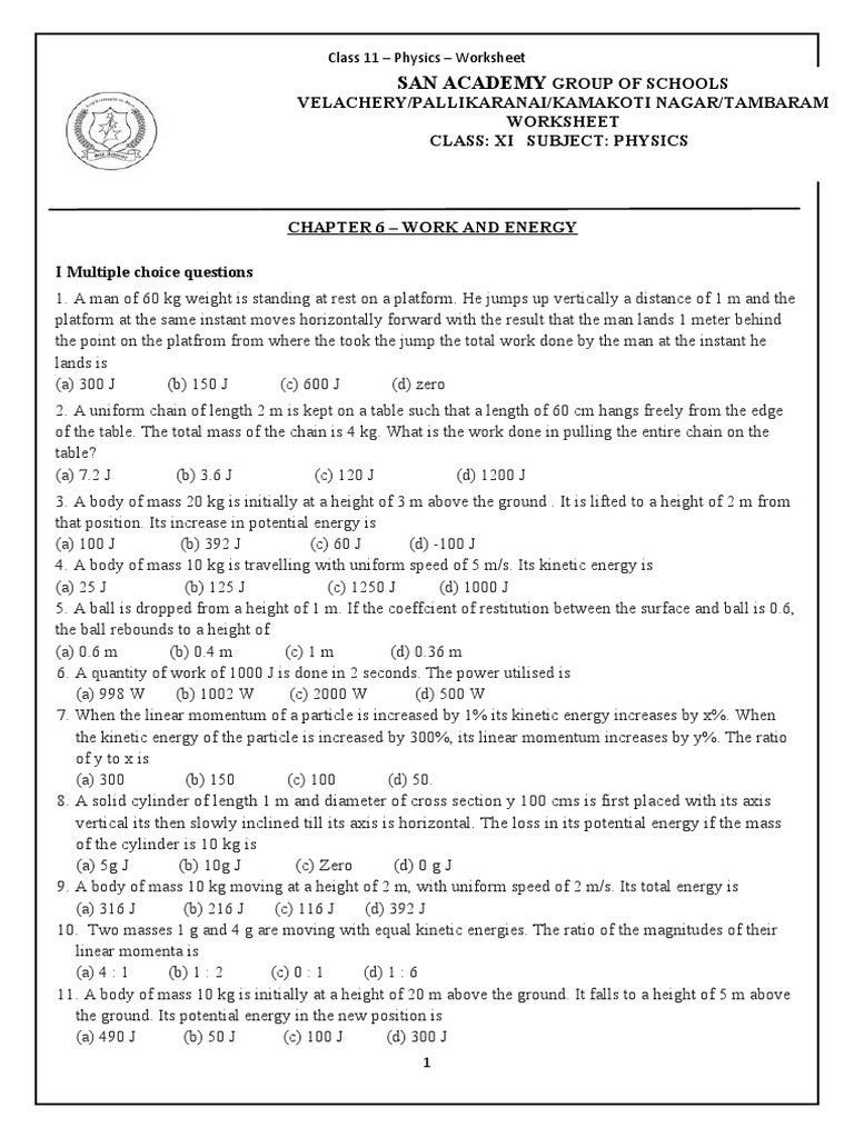 Class 11 Physics: Work & Energy MCQs | PDF | Mass | Momentum
