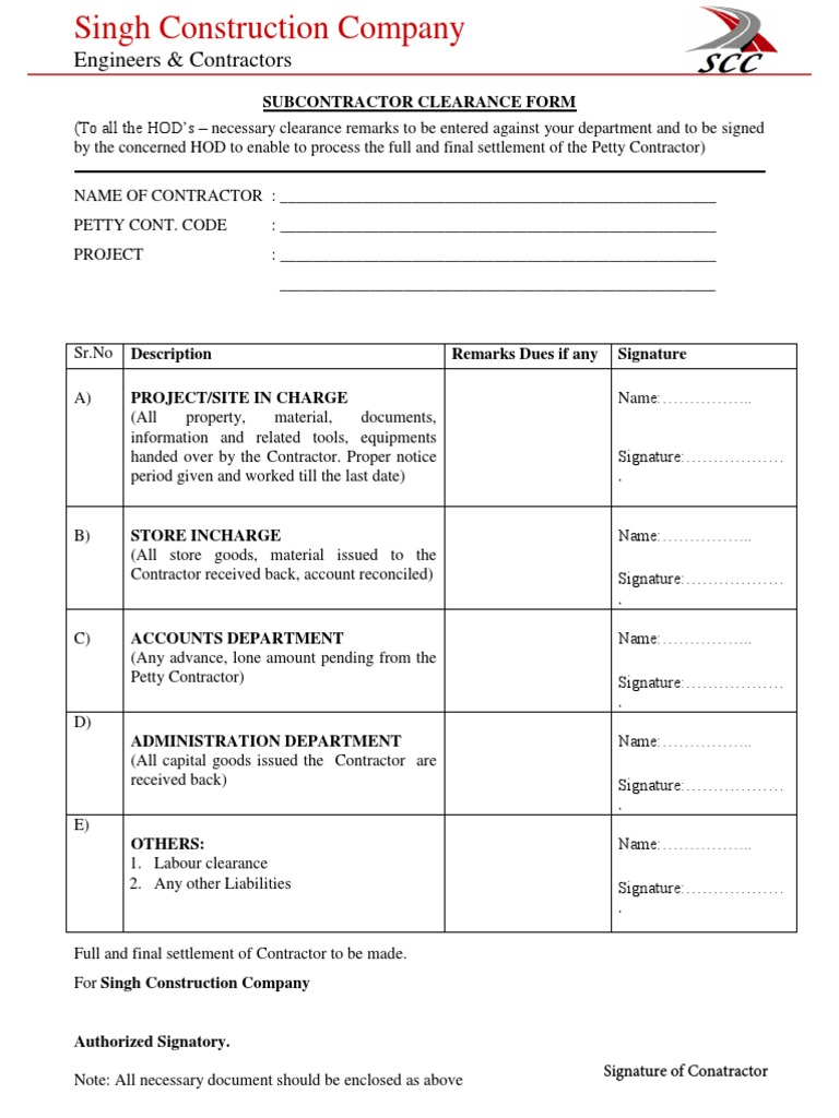 Petty Contractor Clearance Form | PDF | General Contractor | Economic ...
