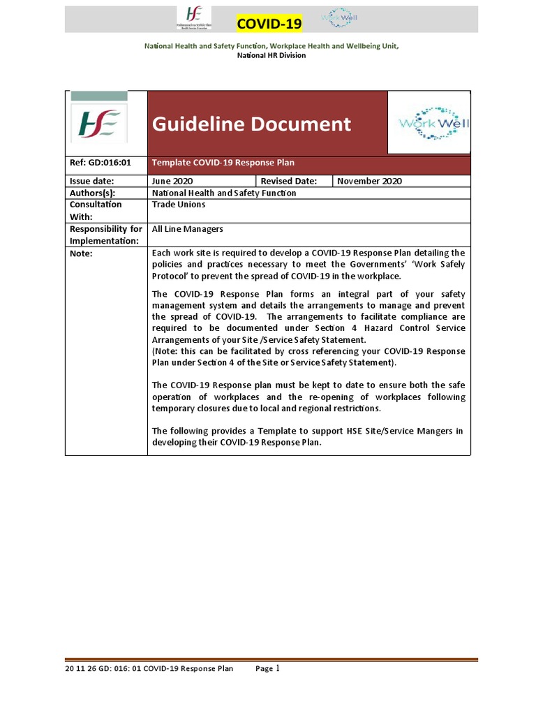 Covid 19 Response Plan Pdf Occupational Safety And Health Hand