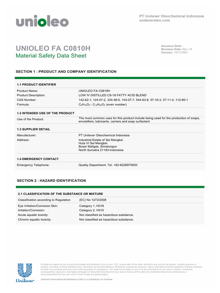 Msds Unioleo Chemical | PDF | Toxicity | Firefighting