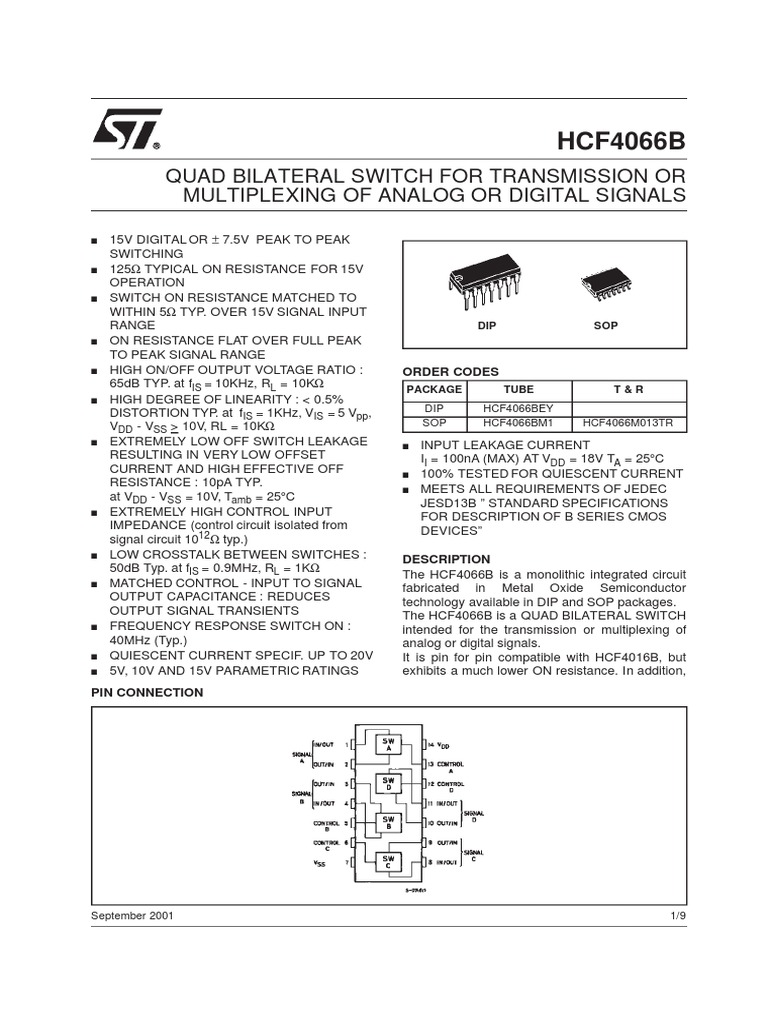 HCF4066B: Quad Bilateral Switch For Transmission or Multiplexing of ...