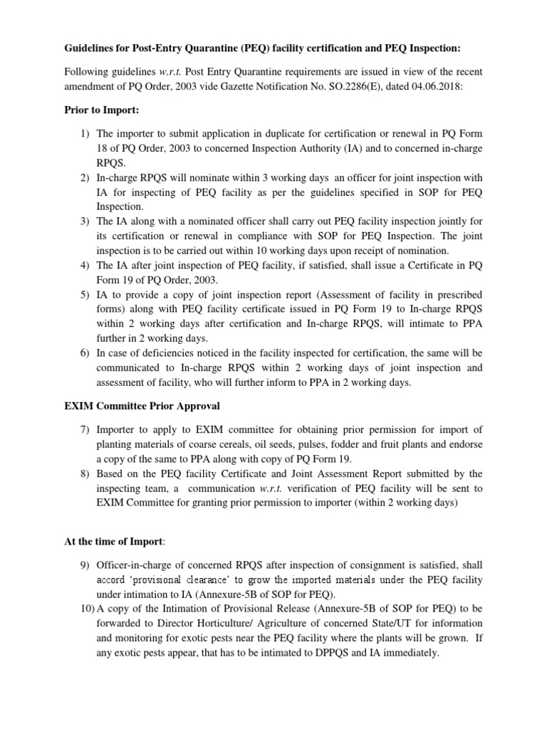 Guidelines for the Certification of Post-Entry Quarantine Facilities ...