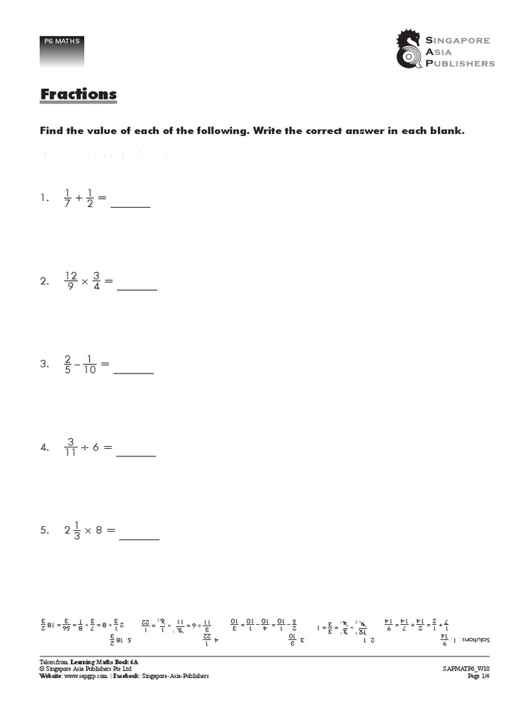 Fractions: Find The Value of Each of The Following. Write The Correct ...