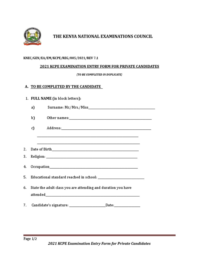 2021-Entry Form For Private Candidates | PDF | Career & Growth