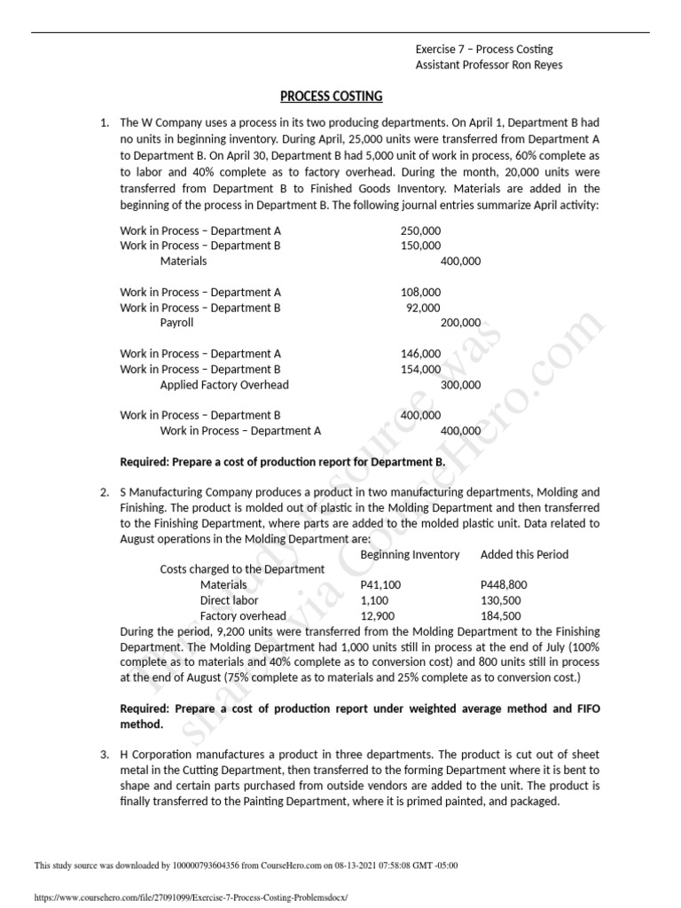 Exercise 7 Process Costing Problems | PDF | Inventory | Soft Drink