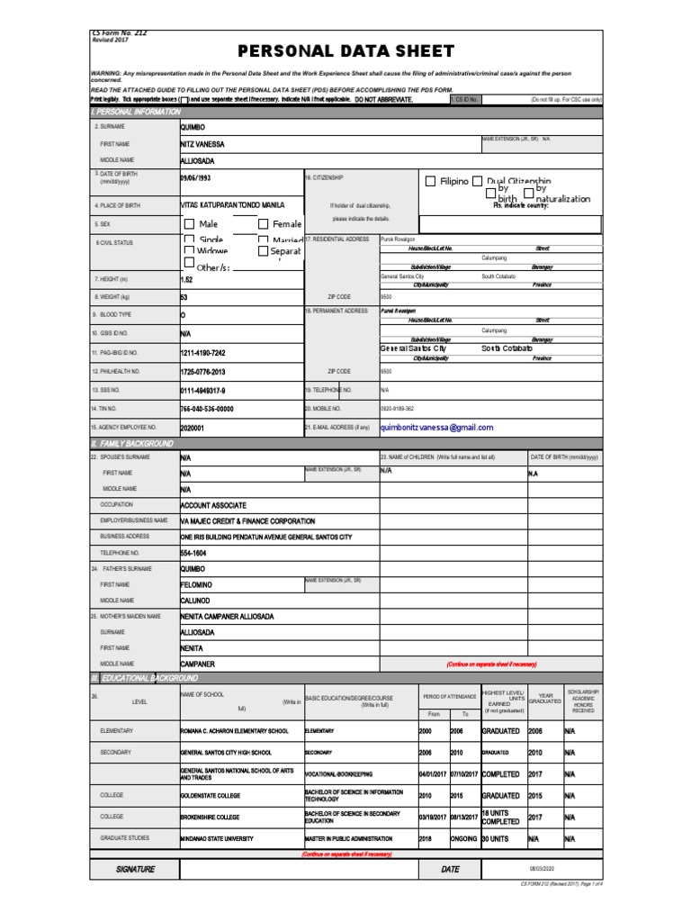 Personal Data Sheet | PDF | Government